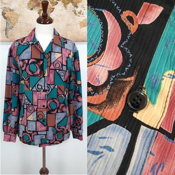 Vintage | Tops | Vtg 9s Crinkle Fabric Button Down Blouse Graff Brand ...